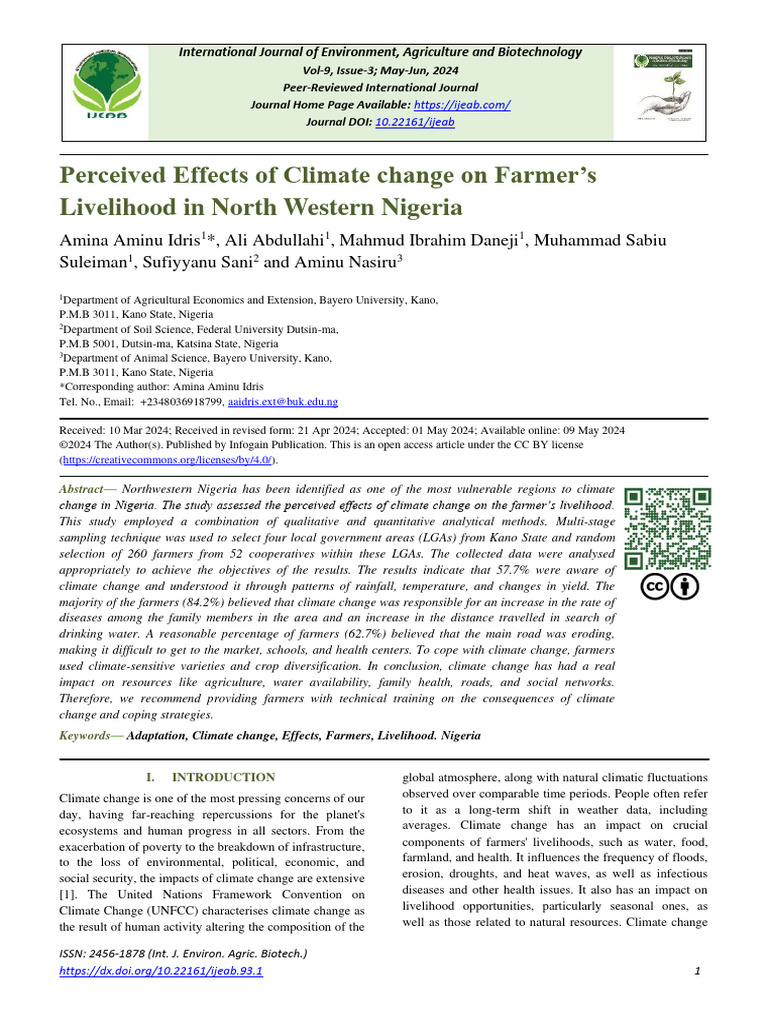 Perceived Effects of Climate Change On Farmer's Livelihood in North Western Nigeria | PDF ...