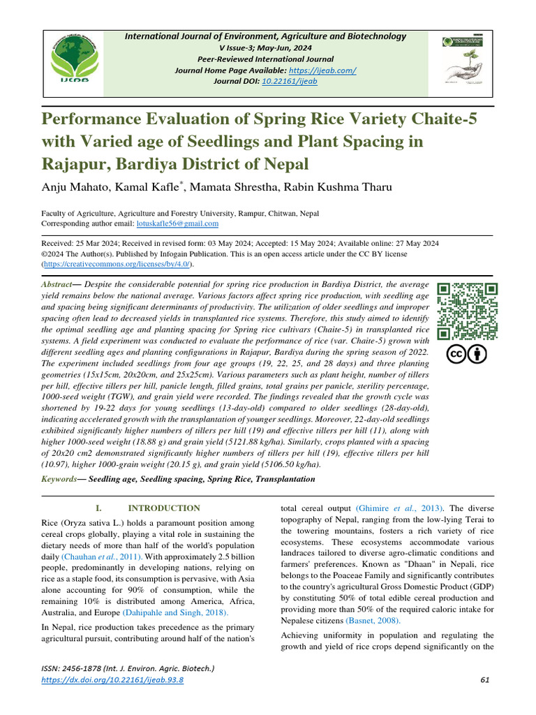 Performance Evaluation of Spring Rice Variety Chaite-5 With Varied Age ...