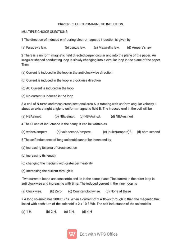 Chapter-6 MCQ | PDF | Electromagnetic Induction | Inductance