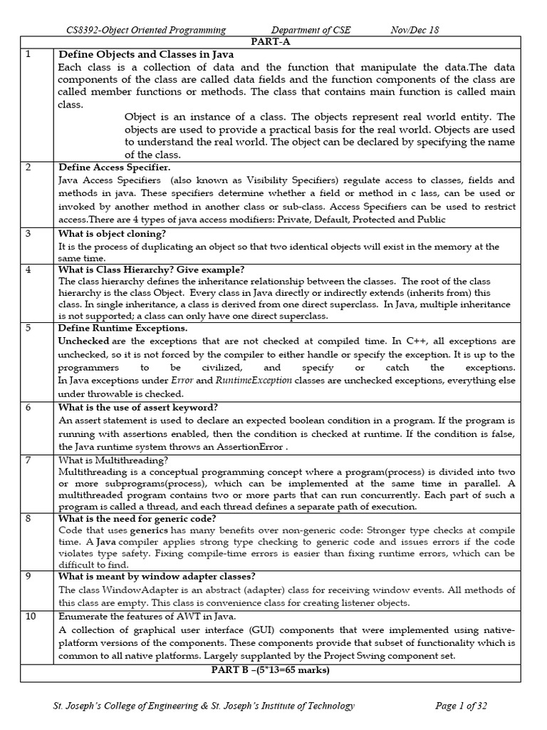 CS8392-UnivKey (NOVl18) | Download Free PDF | Class (Computer Programming) | Java (Programming ...