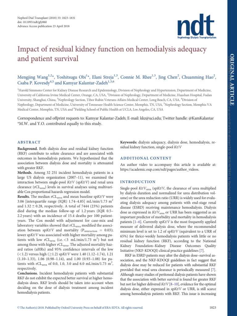 Impact of Residual Kidney Function On Hemodialysis Adequacy and Patient ...