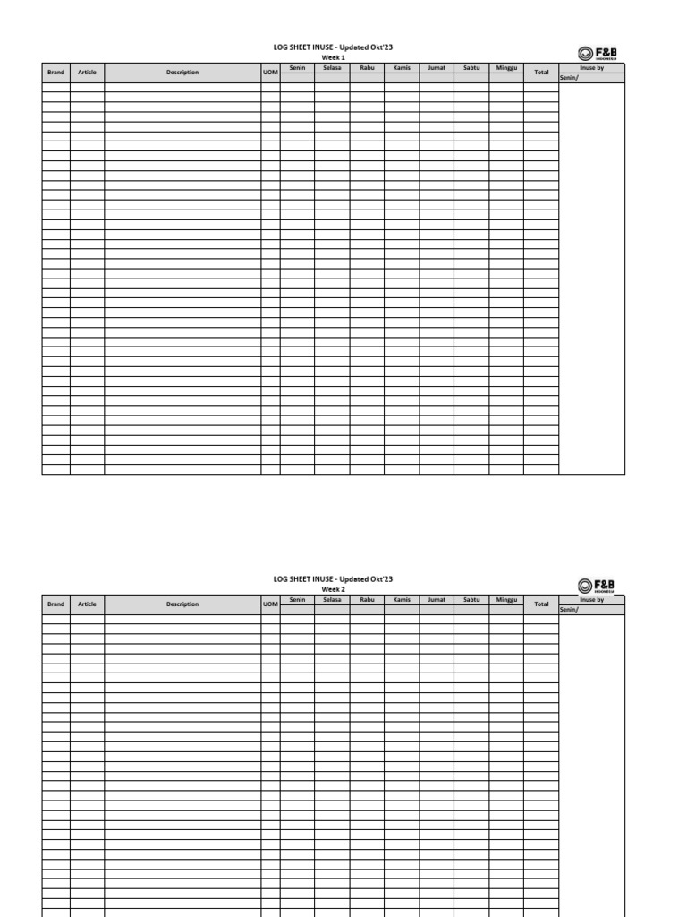Weekly Log Sheet - October 2023 | PDF