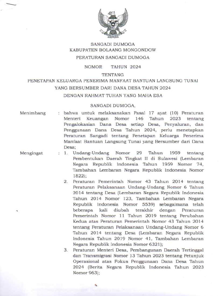 Peraturan Sangadi TTG Penetapan Kel. Penerima Manfaat BLT | PDF