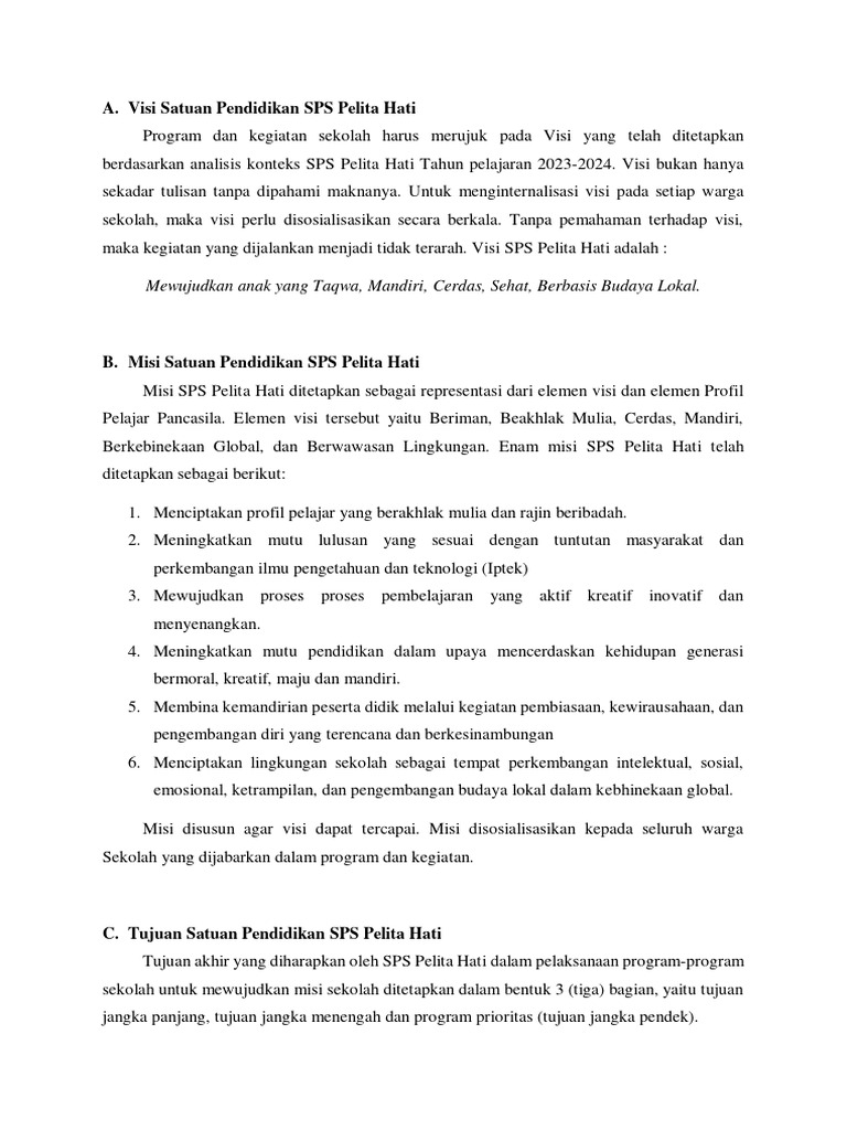 Visi, Misi, Tujuan Satuan Pendidikan SPS Pelita Hati | PDF