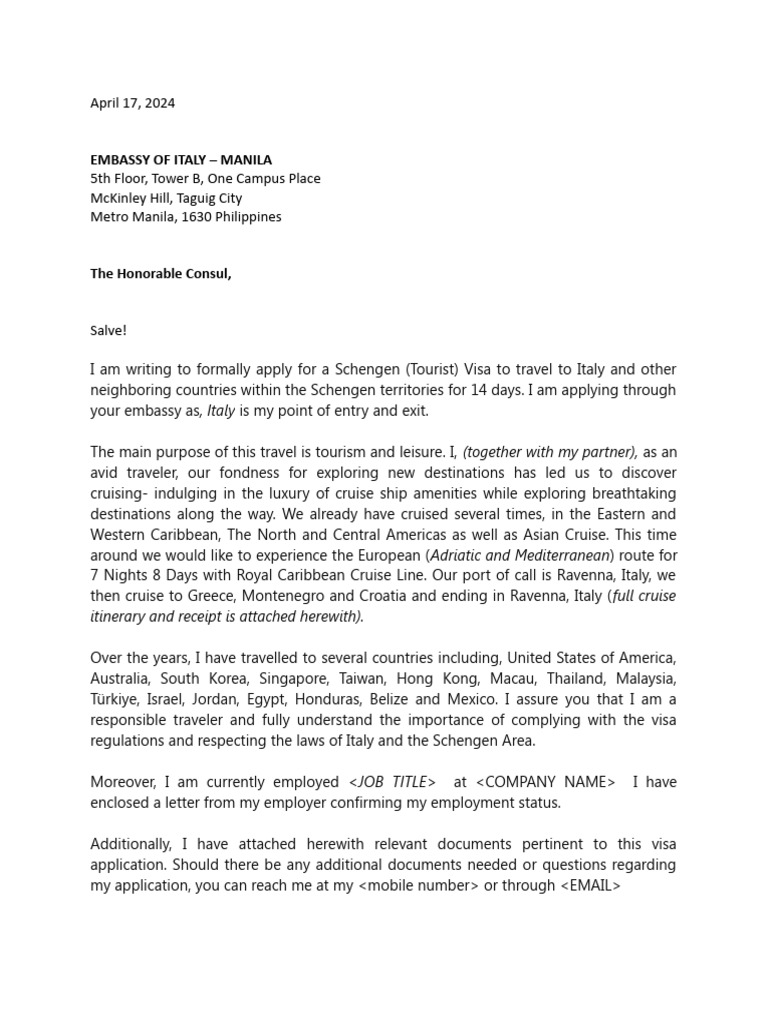 Schengen Visa Cover Letter | Download Free PDF | Travel Visa | Tourism