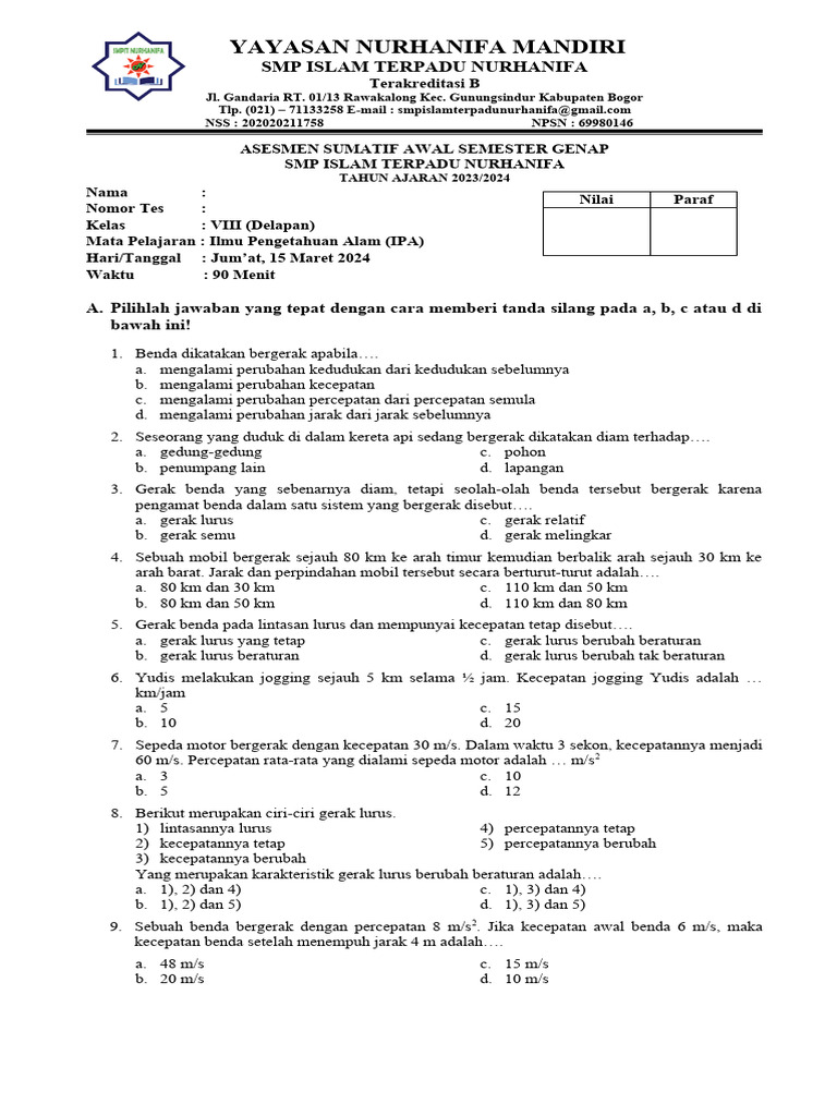 PTS Genap IPA Kelas 7 | PDF