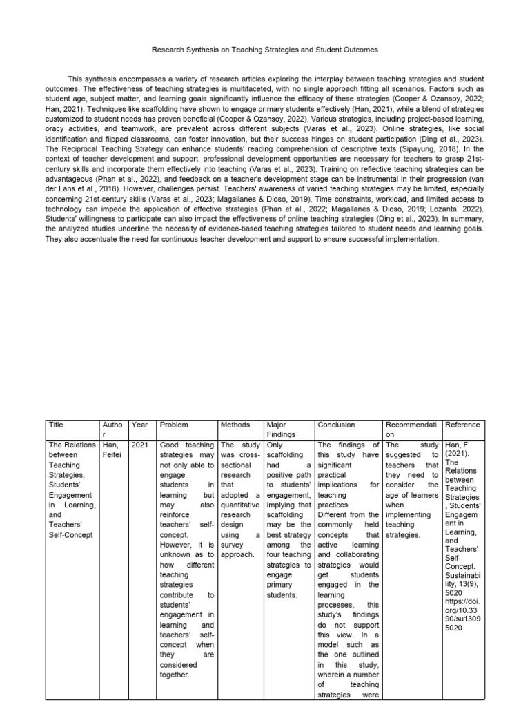 Research Synthesis On Teaching Strategies and Student Outcomes | PDF ...