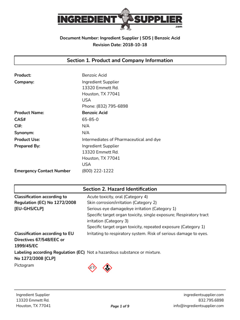 SDS Benzoic Acid | PDF | Dangerous Goods | Toxicity