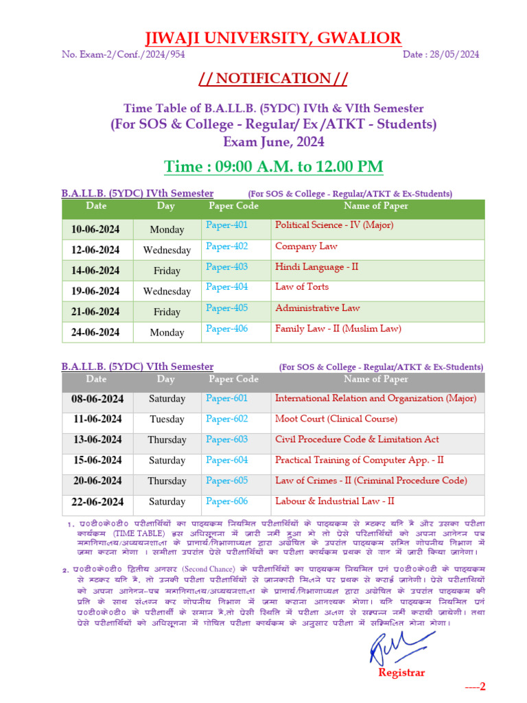 B.A.LL.B. Exam Time Table June 2024 | PDF | Justice | Crime & Violence