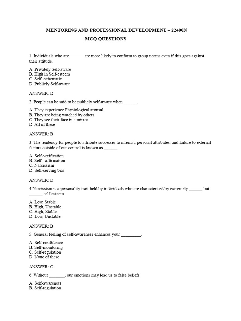 Mentoring Professional Development MCQ | PDF | Empathy | Motivational