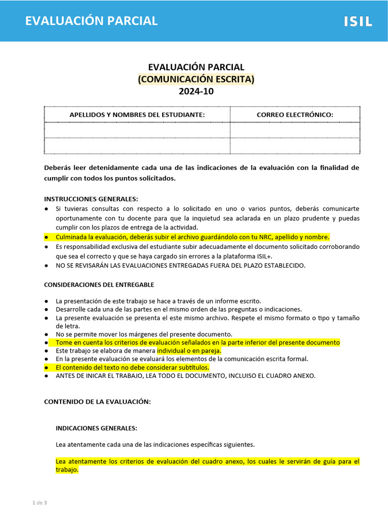 Evaluacion Parcial (Examen Escrito) | PDF | Evaluación | Lingüística