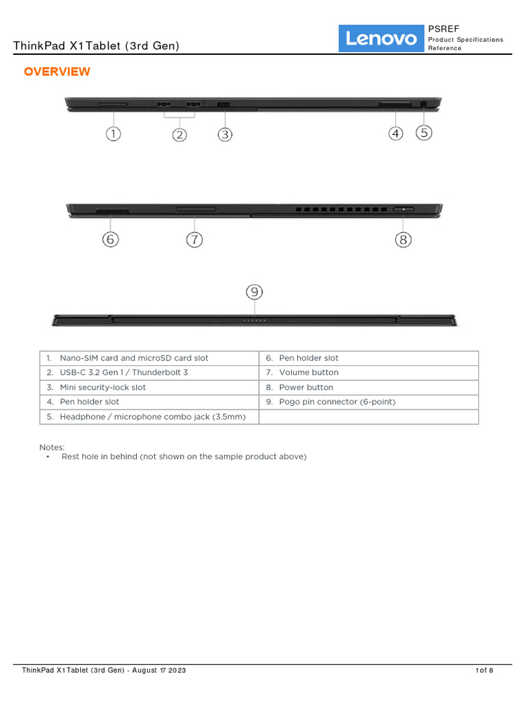 Think Pad X1 Tablet 3 RD Gen Spec | PDF | Usb | Electronics