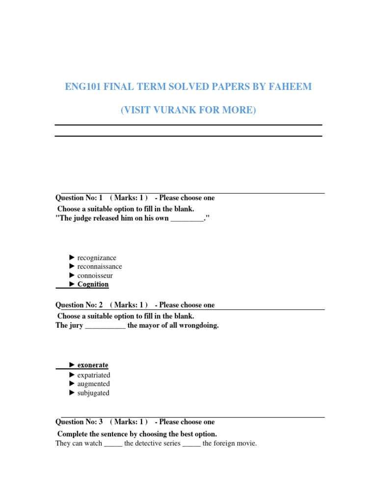 Eng101 Final Term Solved Papers by Faheem | PDF | Linguistics Eng101 Final Term Solved Papers by Faheem | PDF | Linguistics