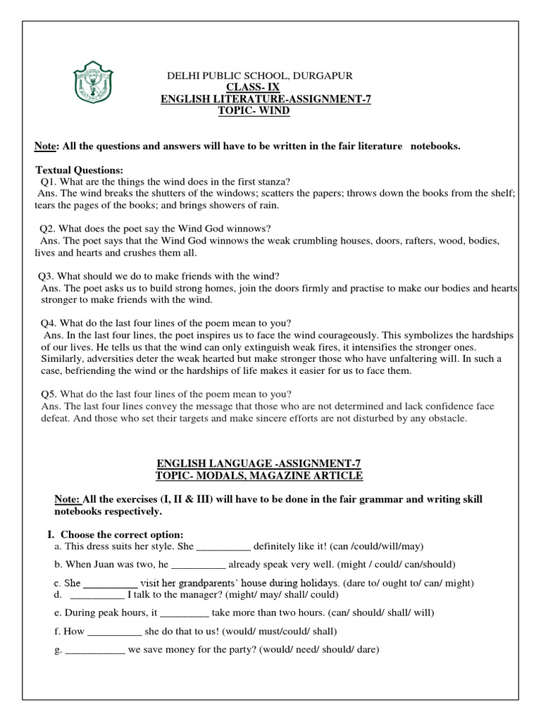 Class 9 English Assignments on Wind | PDF