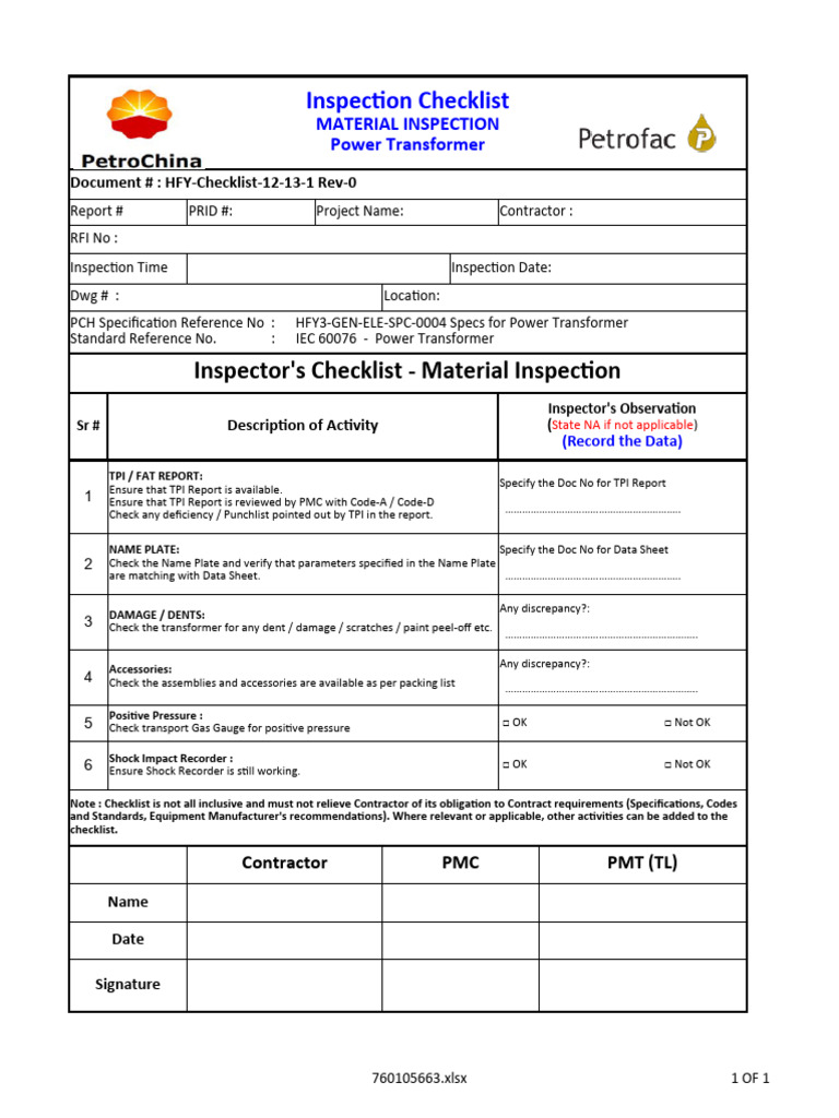 Power Transformer Material Inspection Checklist | PDF