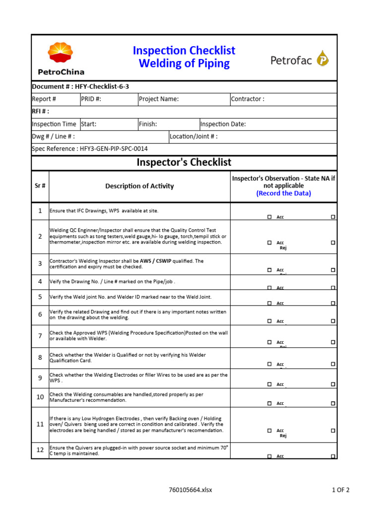 HFY Checklist 6 3 - Rev 1 Piping Welding | Download Free PDF | Welding | Construction