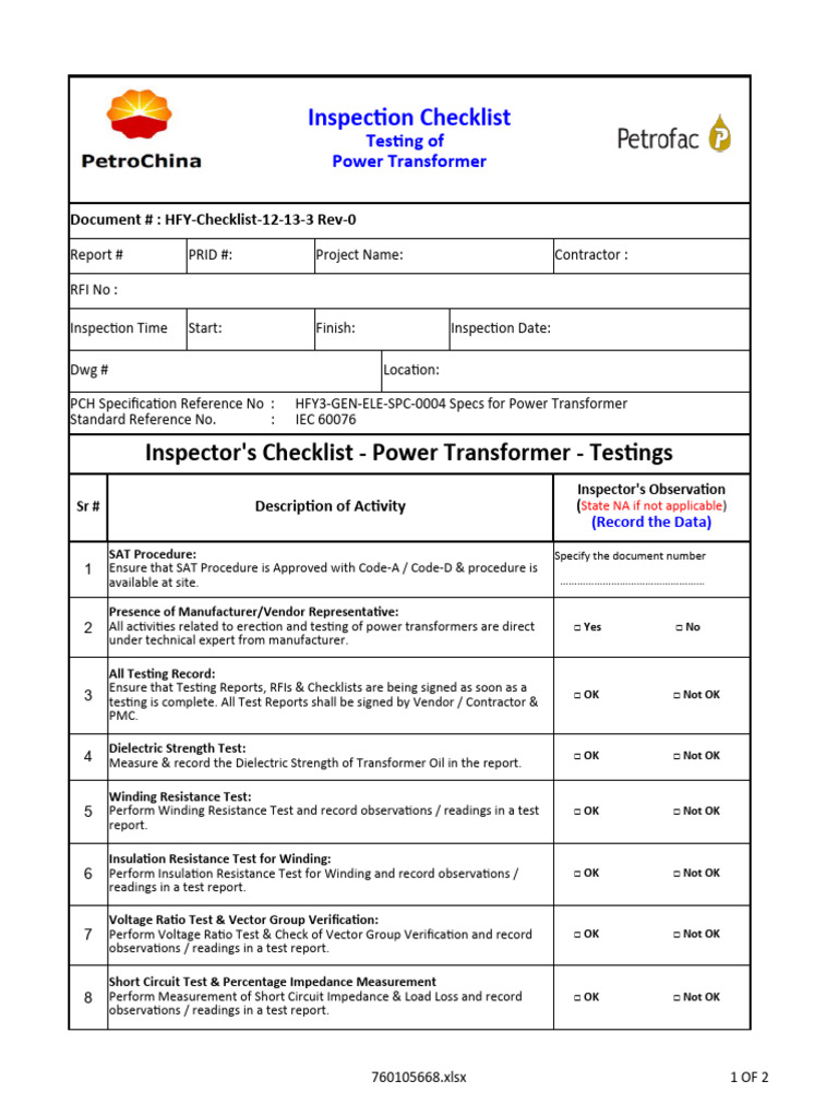 HFY Checklist 12-13-3 Rev 0 Testing | PDF | Transformer | Electrical ...