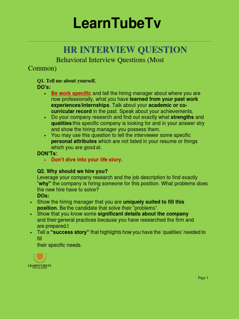 HR Interview Questions | PDF | Leadership