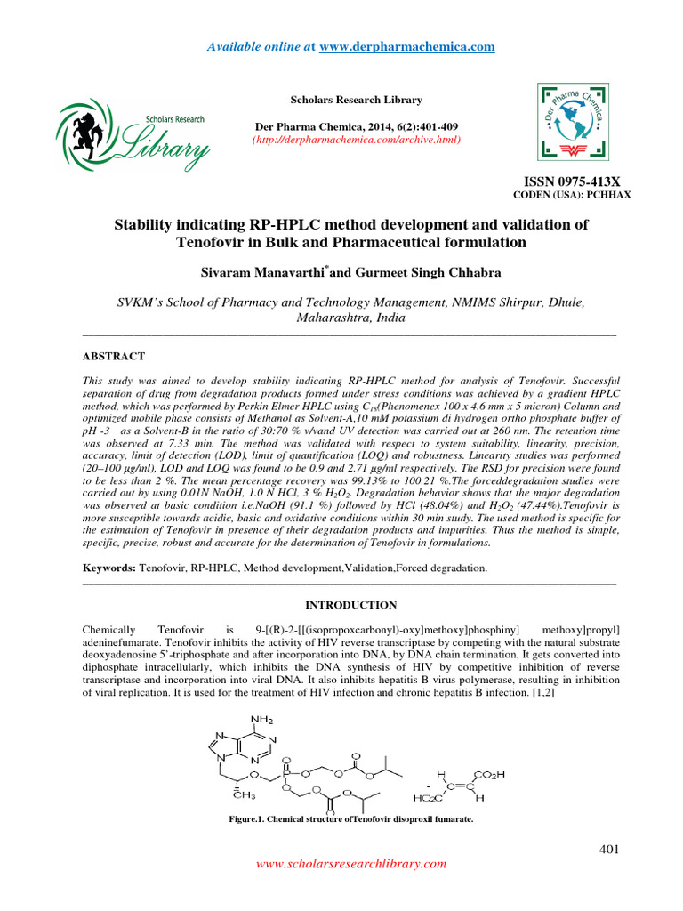 Stability Indicating RPHPLC Method Development and Validation of Tenofovir in Bulk and ...