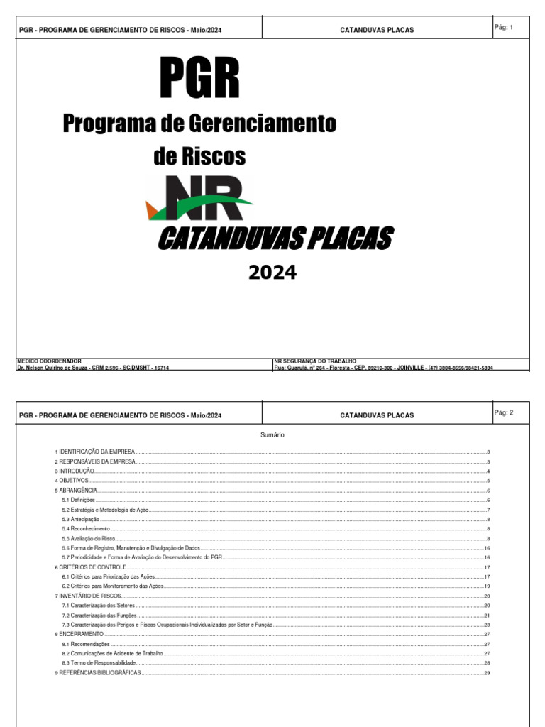 PGR NR 01 - Catanduvas Placas Ltda | PDF | Fatores humanos e Ergonomia