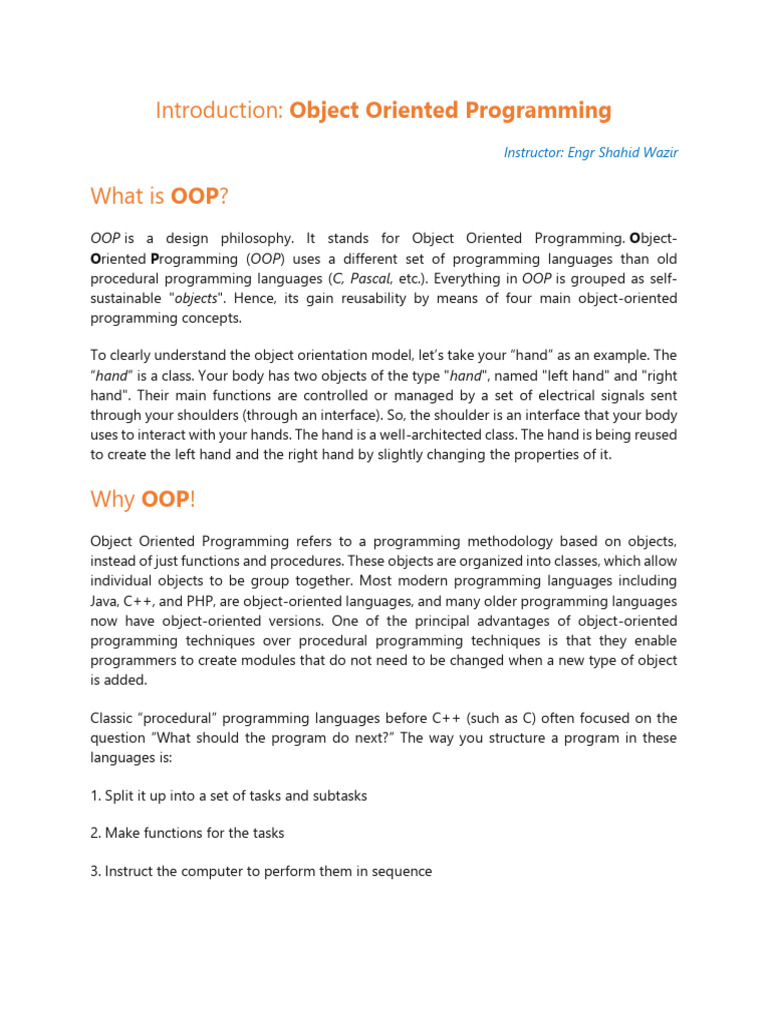 Oop Introduction And Advantages Pdf Object Oriented Programming Object Computer Science