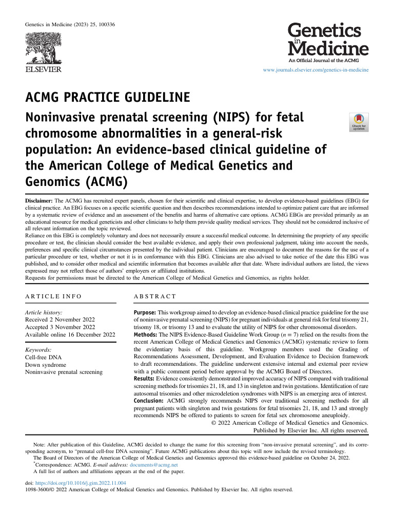 Noninvasive Prenatal Screening Nips For Fetal Chromosome Abnormalities In A General Risk
