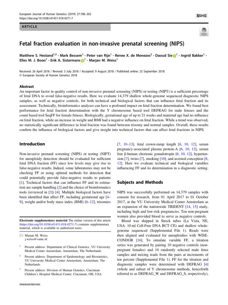 Fetal Fraction Evaluation in Non-Invasive Prenatal Screening-2019 | PDF ...