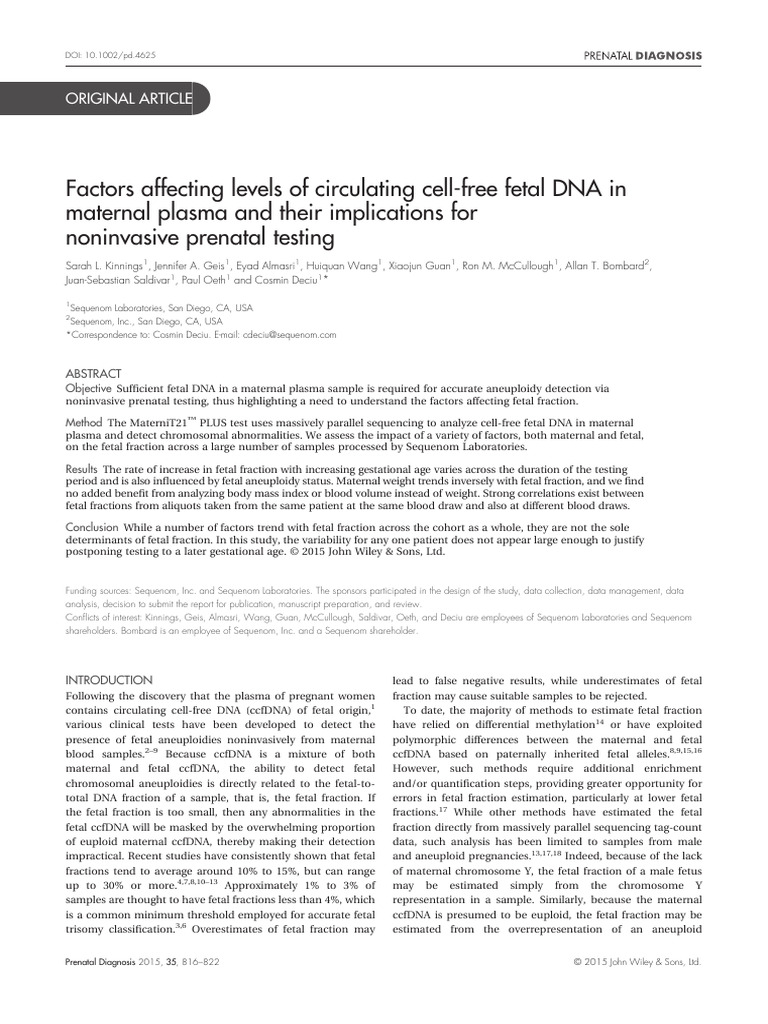 Factors Affecting Levels of Circulating Cell-Free Fetal DNA in Maternal ...