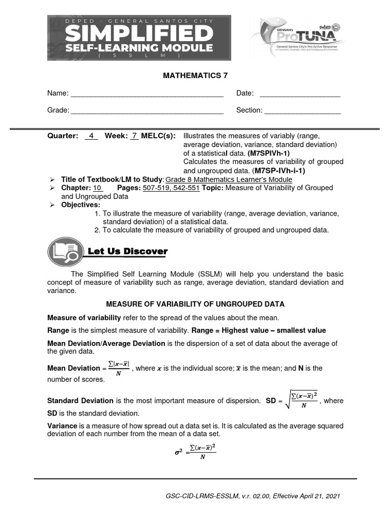 Math7 Q4 Week 7 SSLM | Download Free PDF | Standard Deviation | Variance