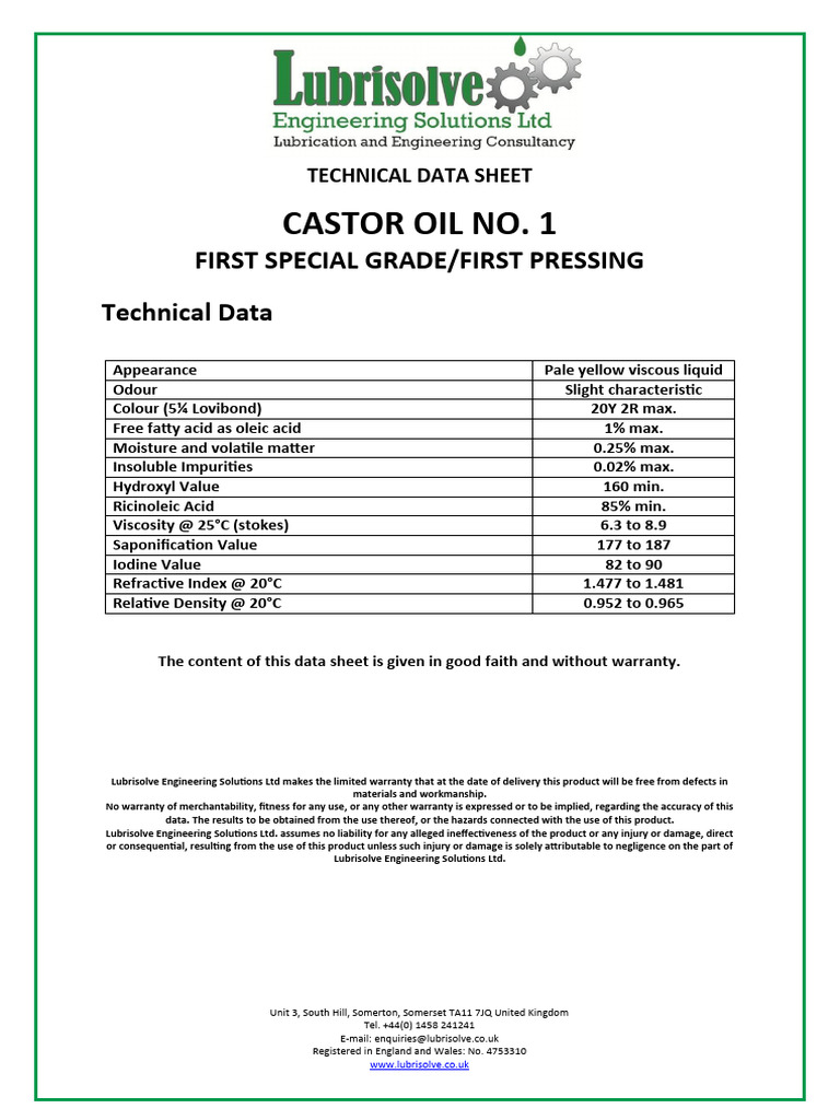Castor Oil TDS Bradechem | PDF | Viscosity | Chemistry