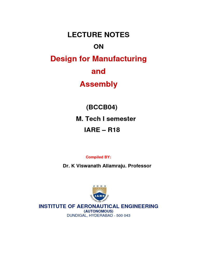 LECTURE NOTES ON Design For Manufacturin | PDF | Engineering Tolerance ...