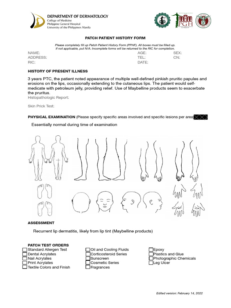Patch Patient History Form (Editable PDF) 02142022 | PDF | Dermatitis ...