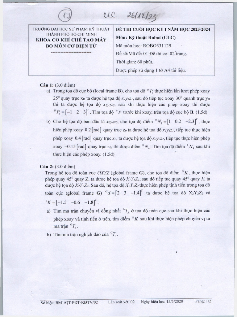 Dap An Mon Ky Thuat Robot ROBO331129 | PDF