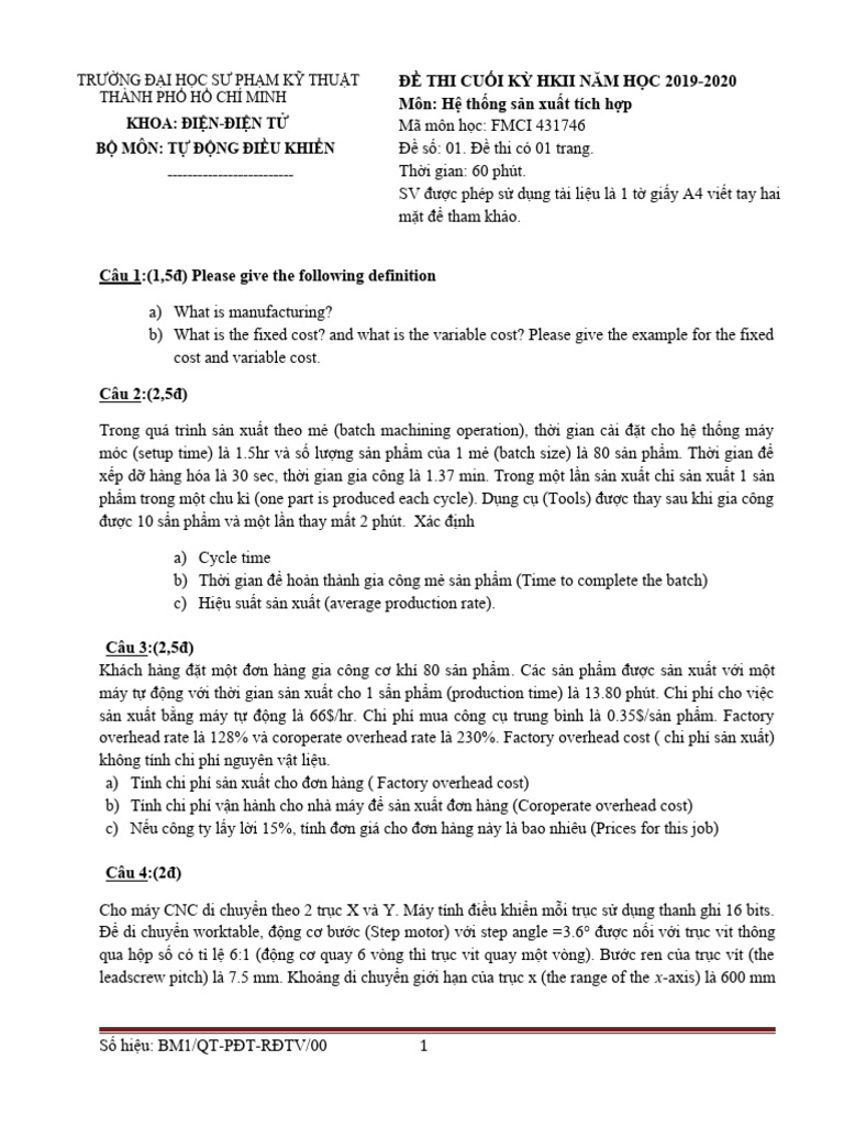 Đề thi HK II 2019-2020 | PDF