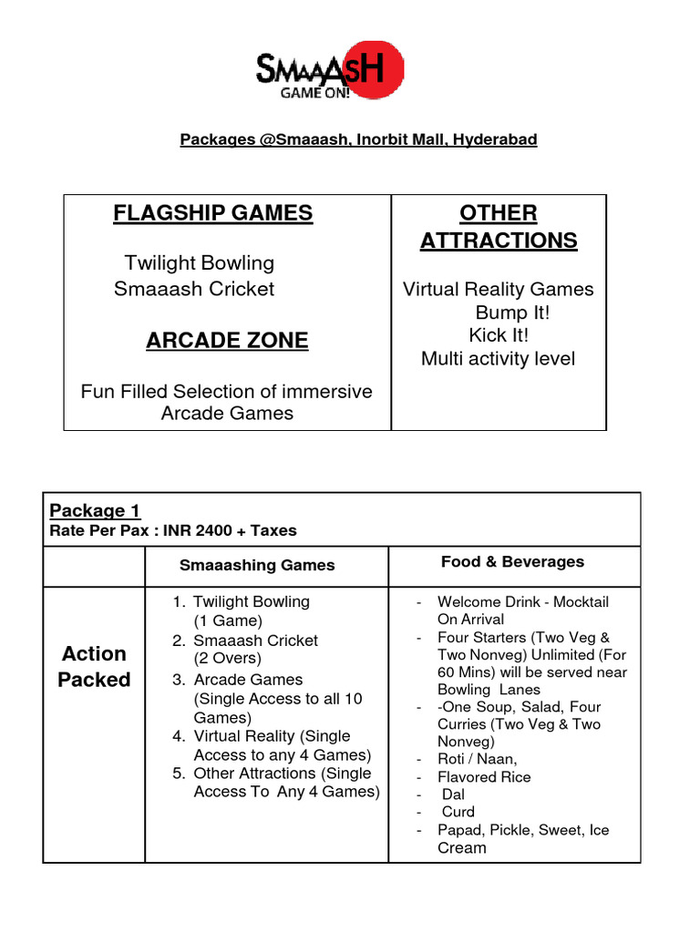 Smaash Inorbit Mall Packages 01 | PDF | Hors D'oeuvre | Cuisine