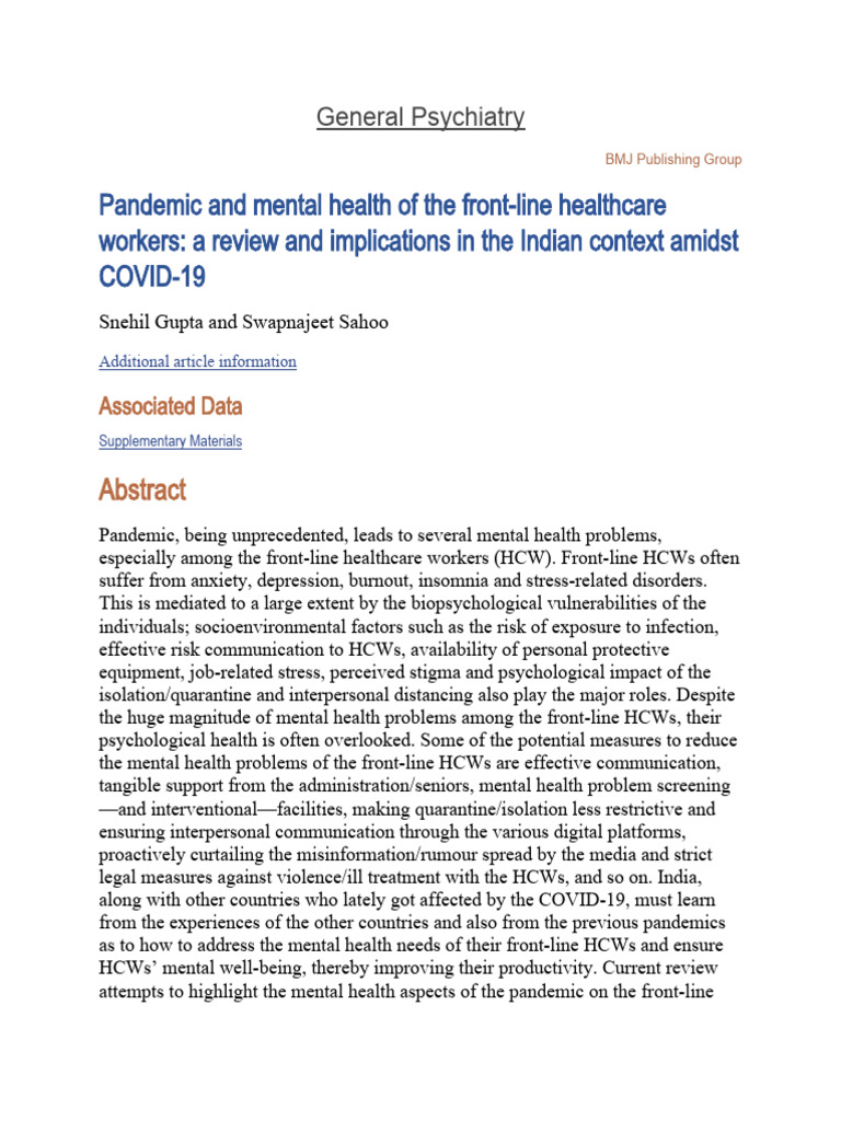 Pandemic and Mental Health | PDF | Mental Disorder | Anxiety Disorder