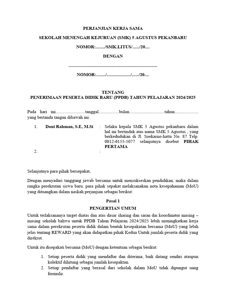 MOU Kerja Sama Dengan SMP PPDB 4 | PDF