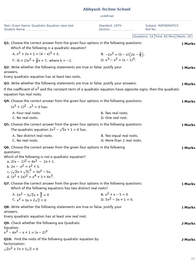 Quadratic Equation Class Test-10TH-MATHEMATICS | PDF | Quadratic ...