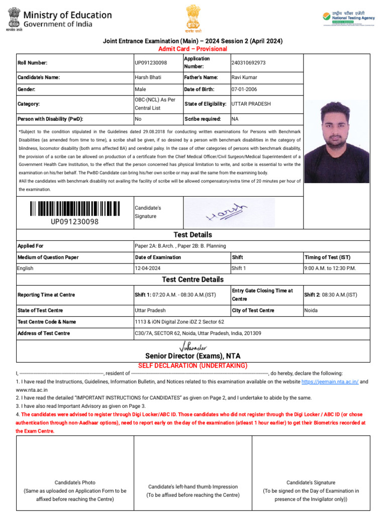 Jee Mains Paper 2 Admit Card | PDF | Disability