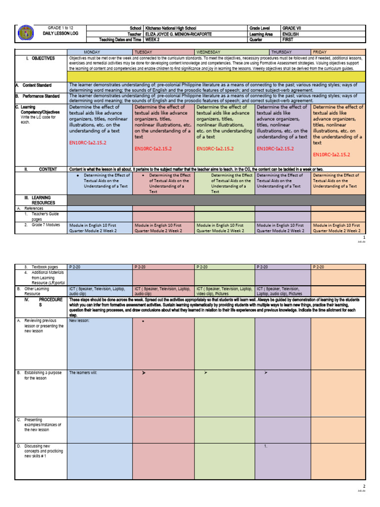 English 10 Quarter 1 Week 2-DLL | PDF | Educational Assessment | Cognition