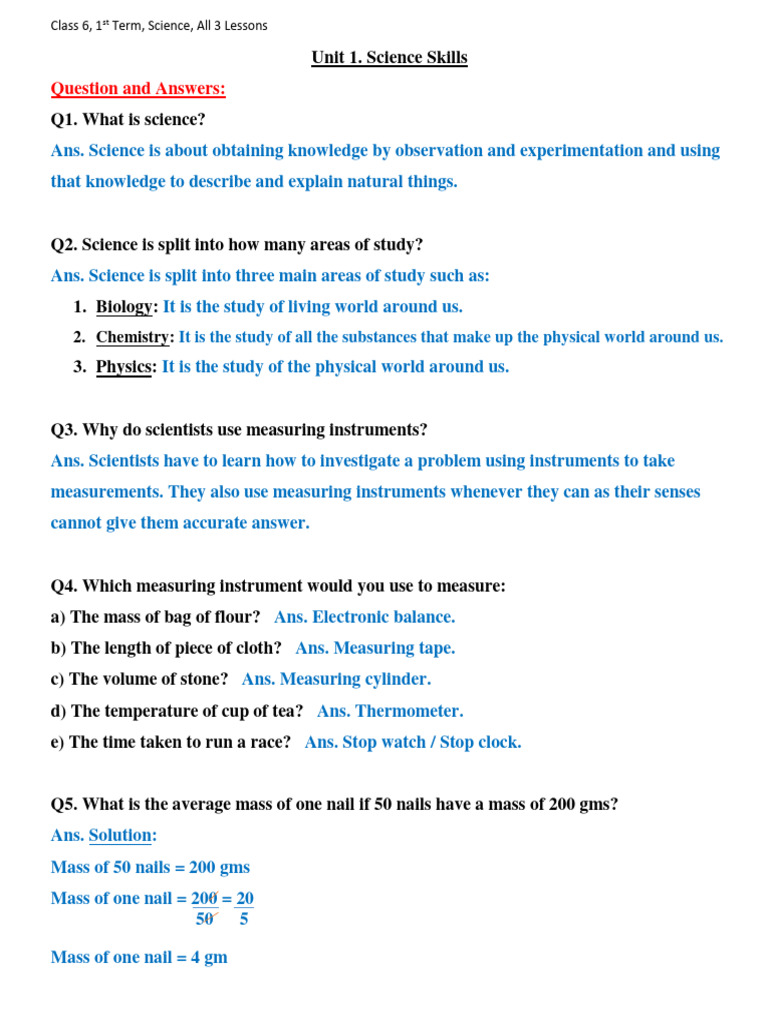 All Science Class 6 1st Term 3 Lessons Q. & Ans. | PDF | Energy ...
