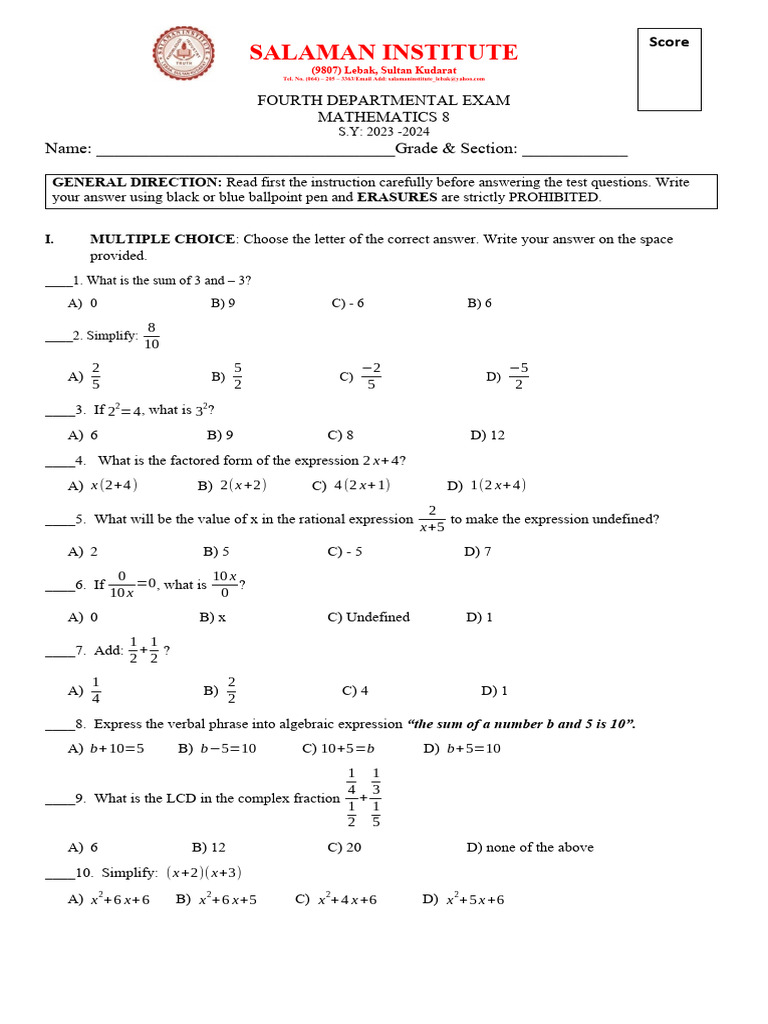 4thSALAMAN INSTITUTE | PDF | Multiple Choice | Arithmetic