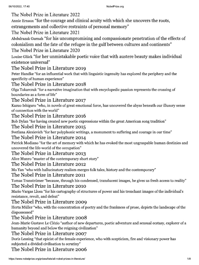 Noble Prize in English Literature | PDF