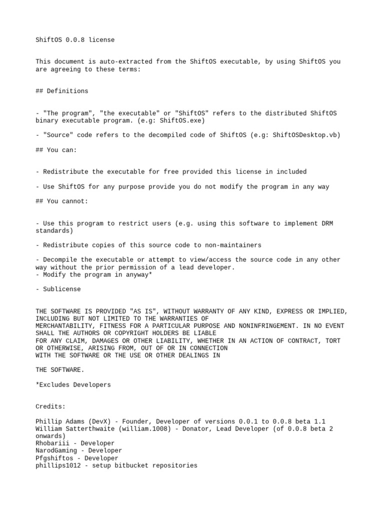 ShiftOS 0.0.8 License Terms | PDF