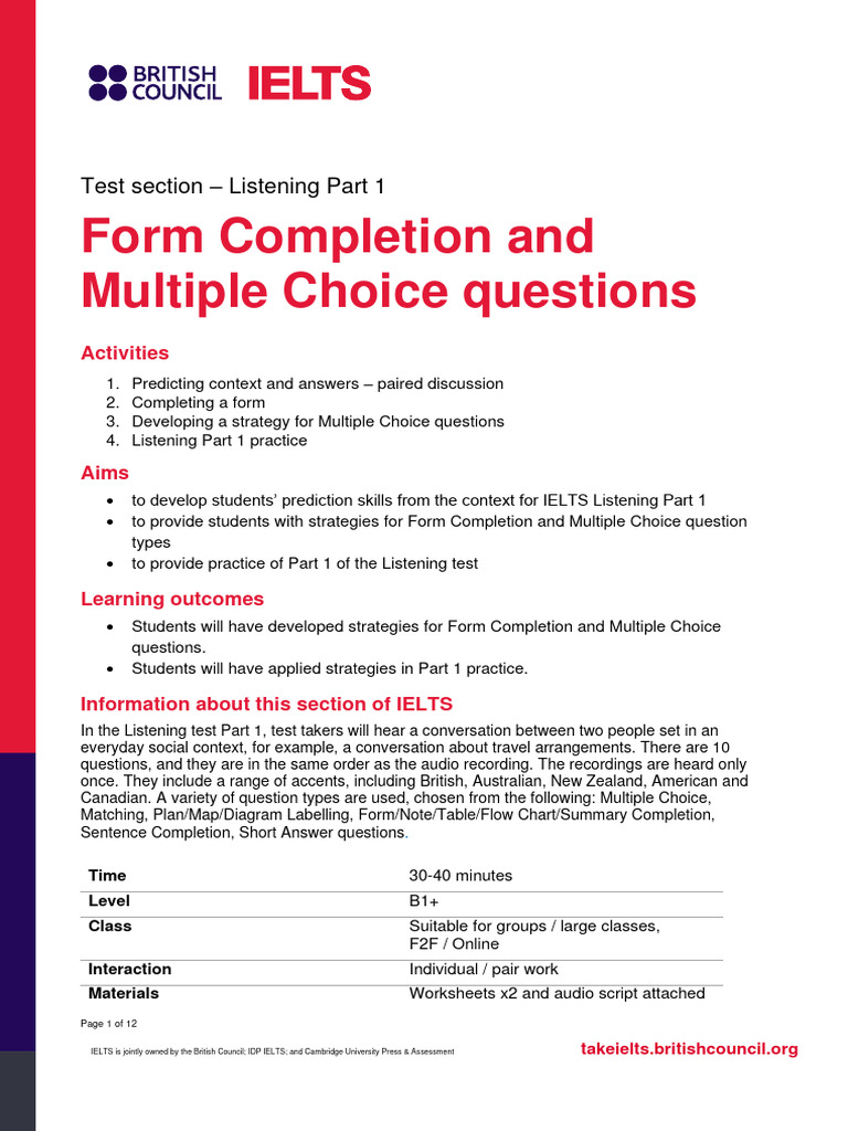 Listening Part 1 Form Completion and Multiple Choice Questions | PDF ...