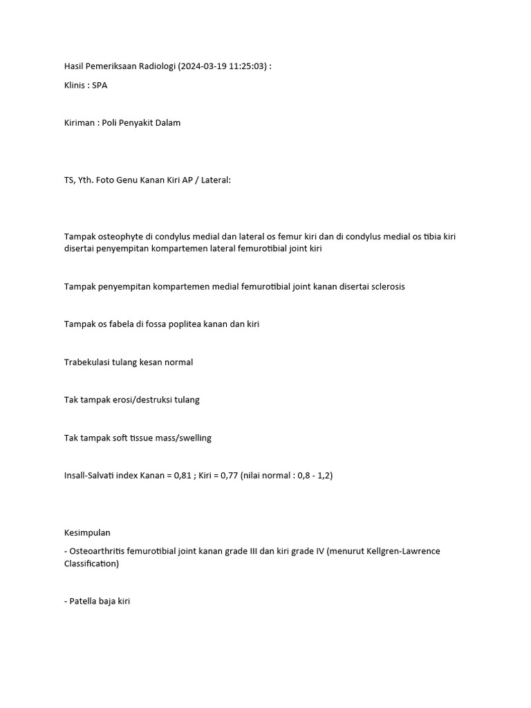 Hasil Radiologi Osteoarthritis Genu | PDF