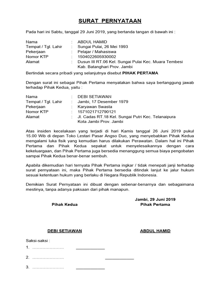 Surat Pernyataan Bertanggung Jawab Atas Kecelakaan | PDF | Hukum