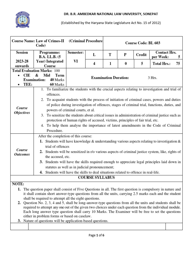 Sem. Vi - CRPC Syllabus | PDF | Arrest | Bail
