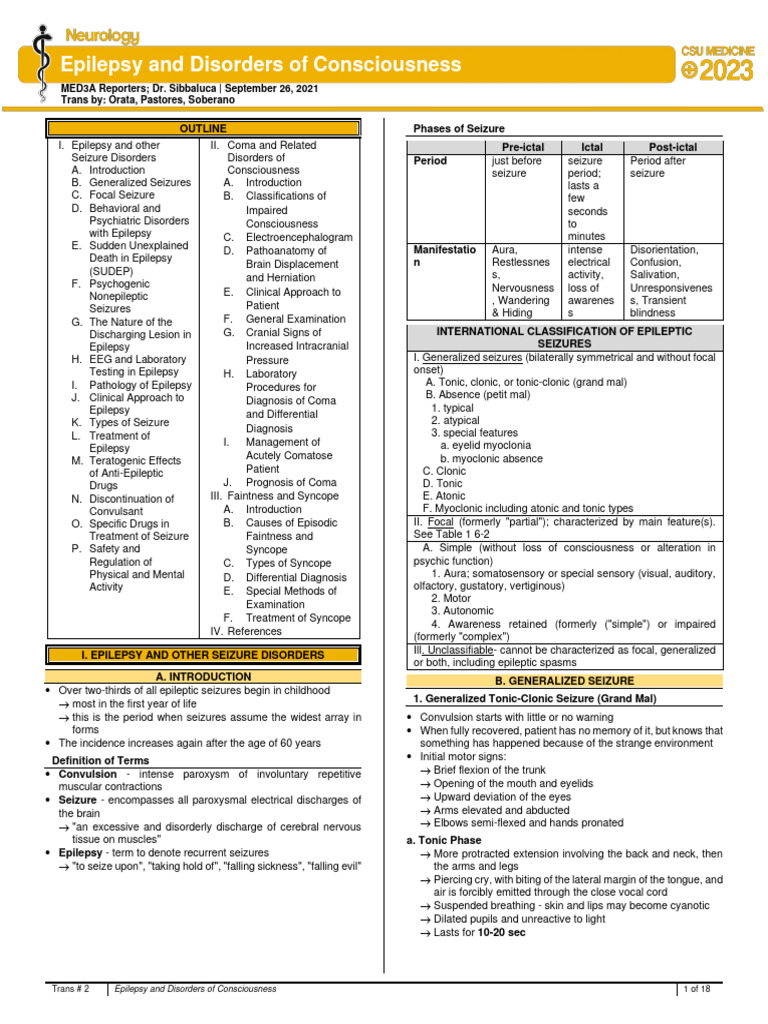 Epilepsy & Consciousness Disorders | PDF | Epilepsy | Hallucination