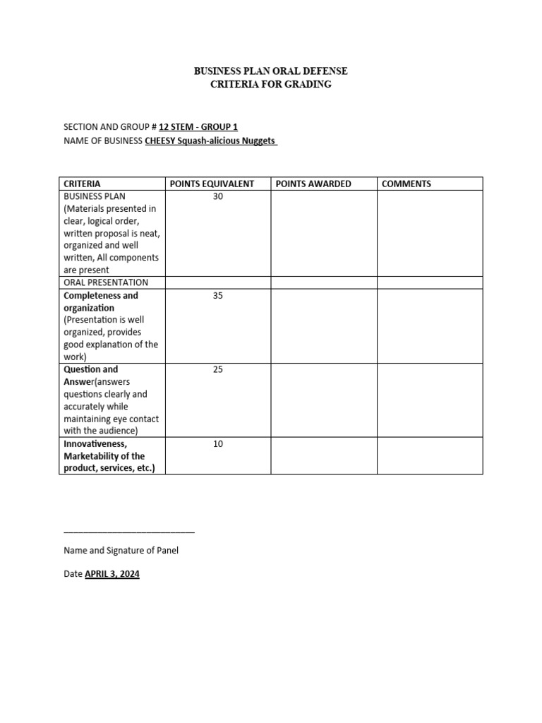 Business Plan Oral Defense Criteria | PDF